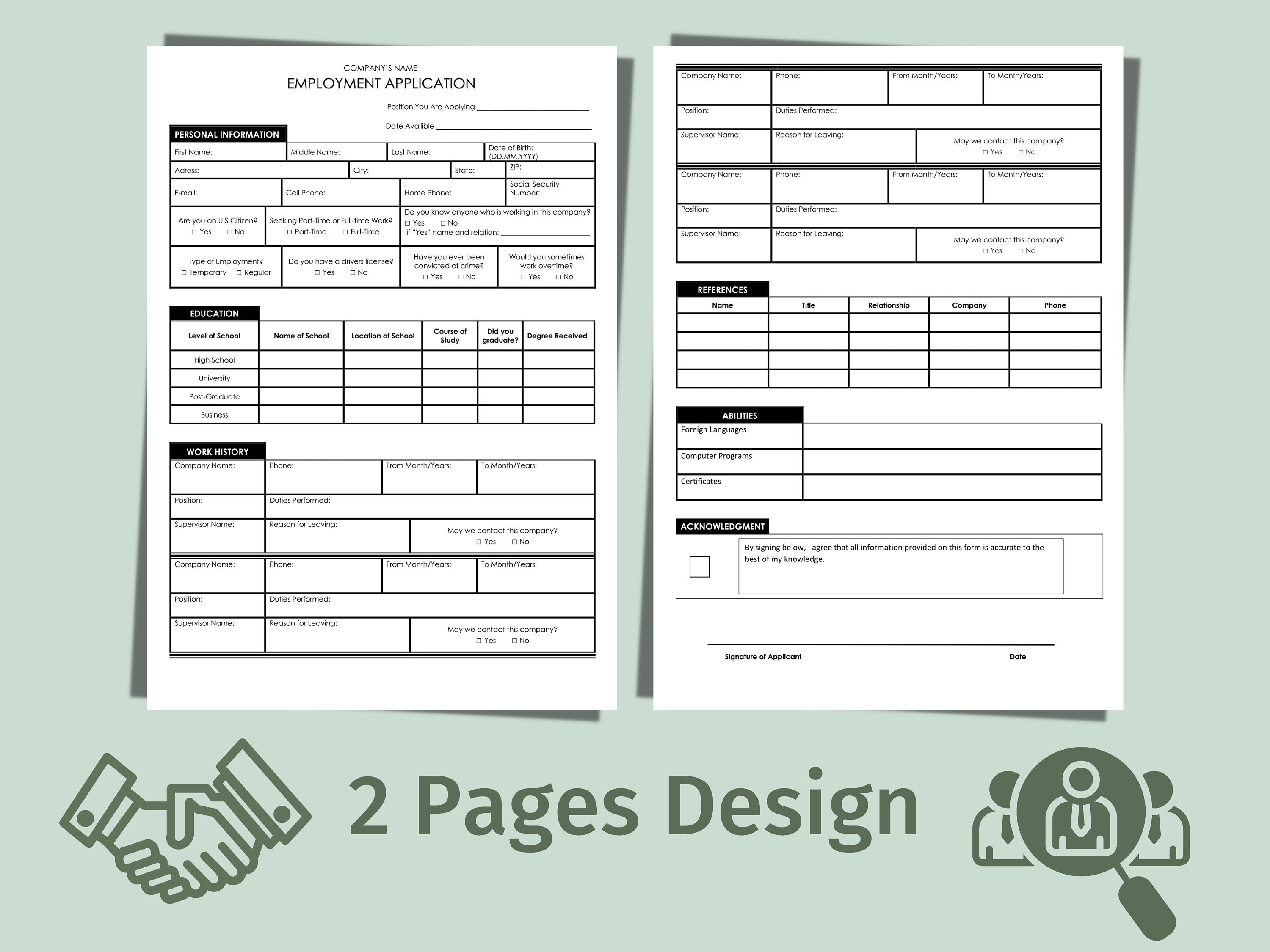 Editable Employment Application Form: Printable PDF & MS Word Template ...