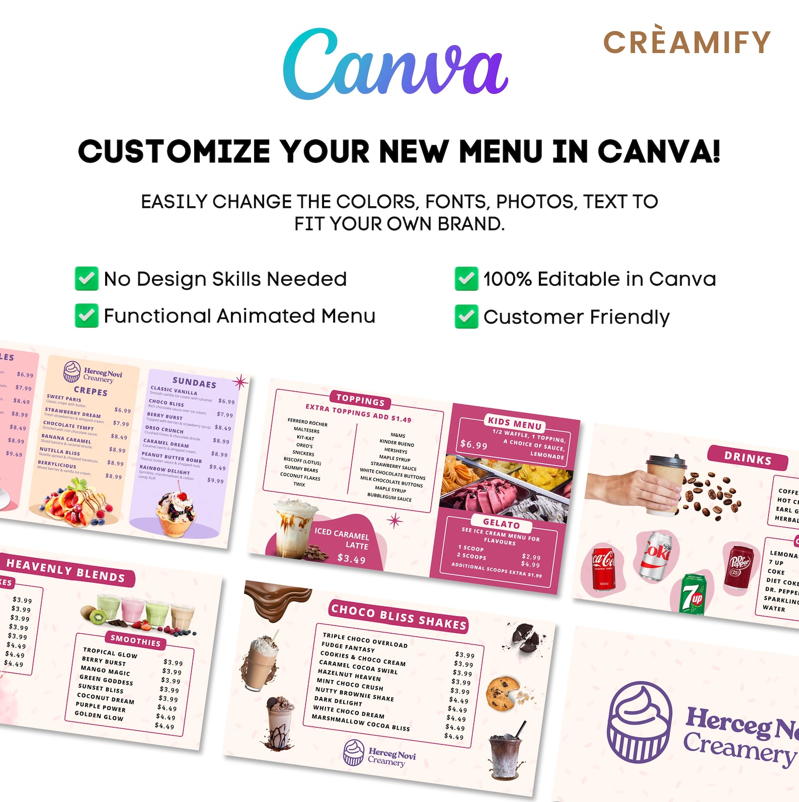 Pink Dessert Menu Board for Ice Cream & Waffle Shop | Digital TV Screen ...