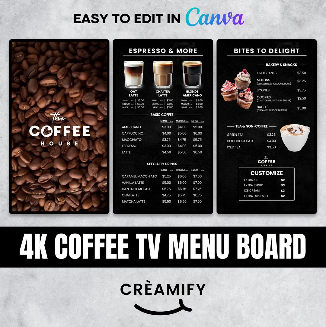 Coffee Shop Menu Board Template | Vertical 6-screen Cafe TV (canva ...