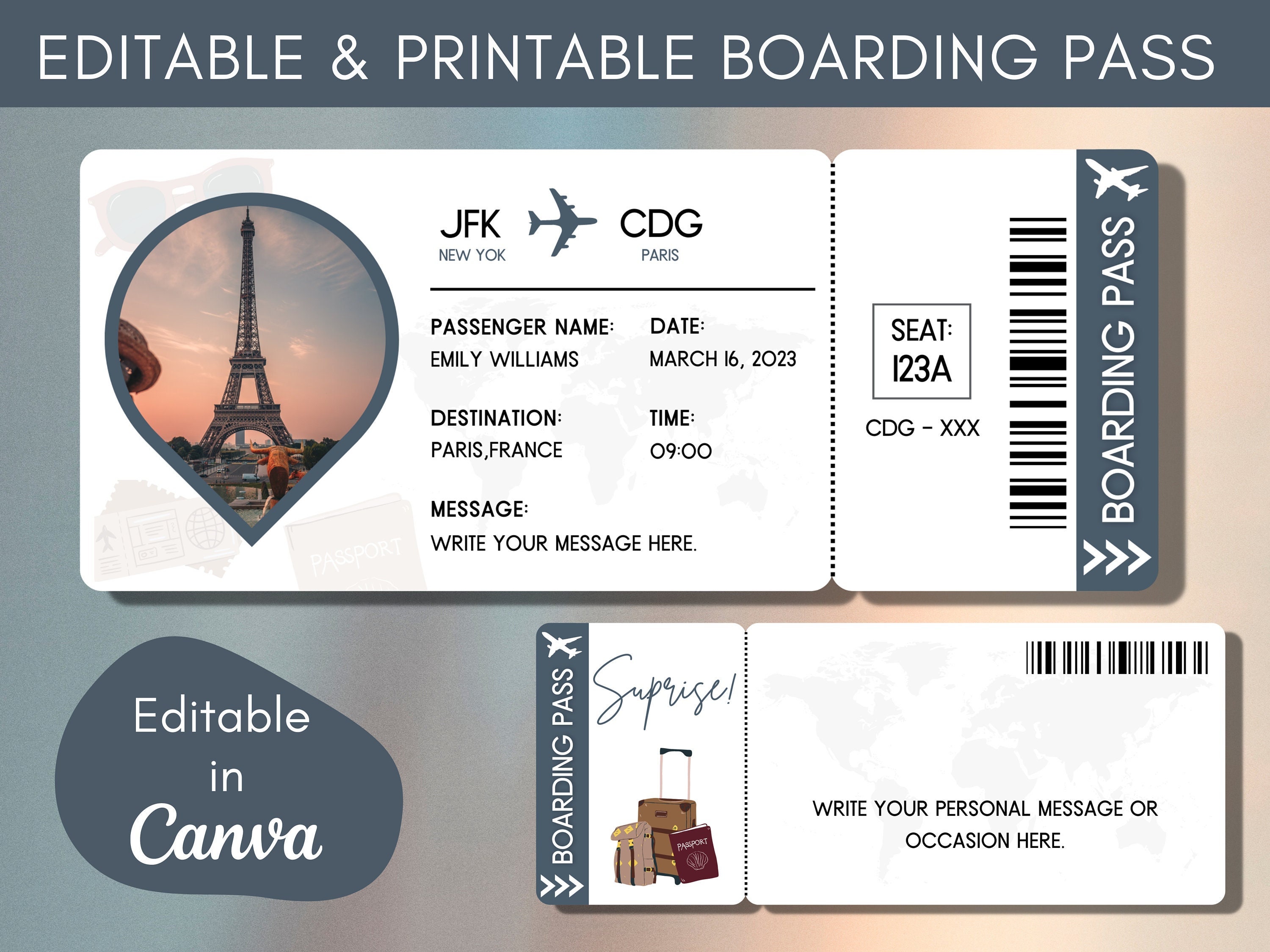 Editable Boarding Ticket Template, Surprise Airline Gift, Canva ...