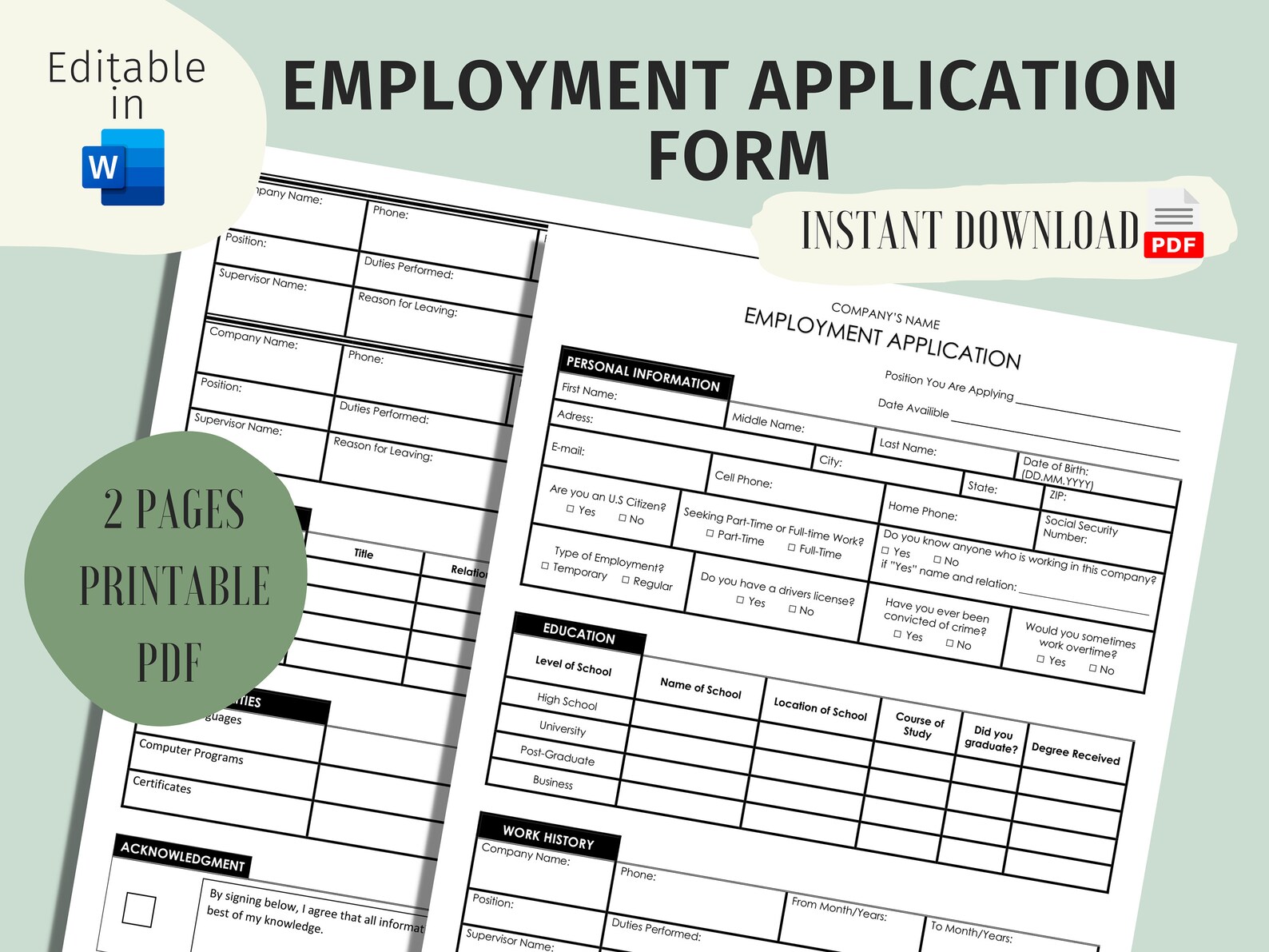 Editable Employment Application Form: Printable PDF & MS Word Template ...