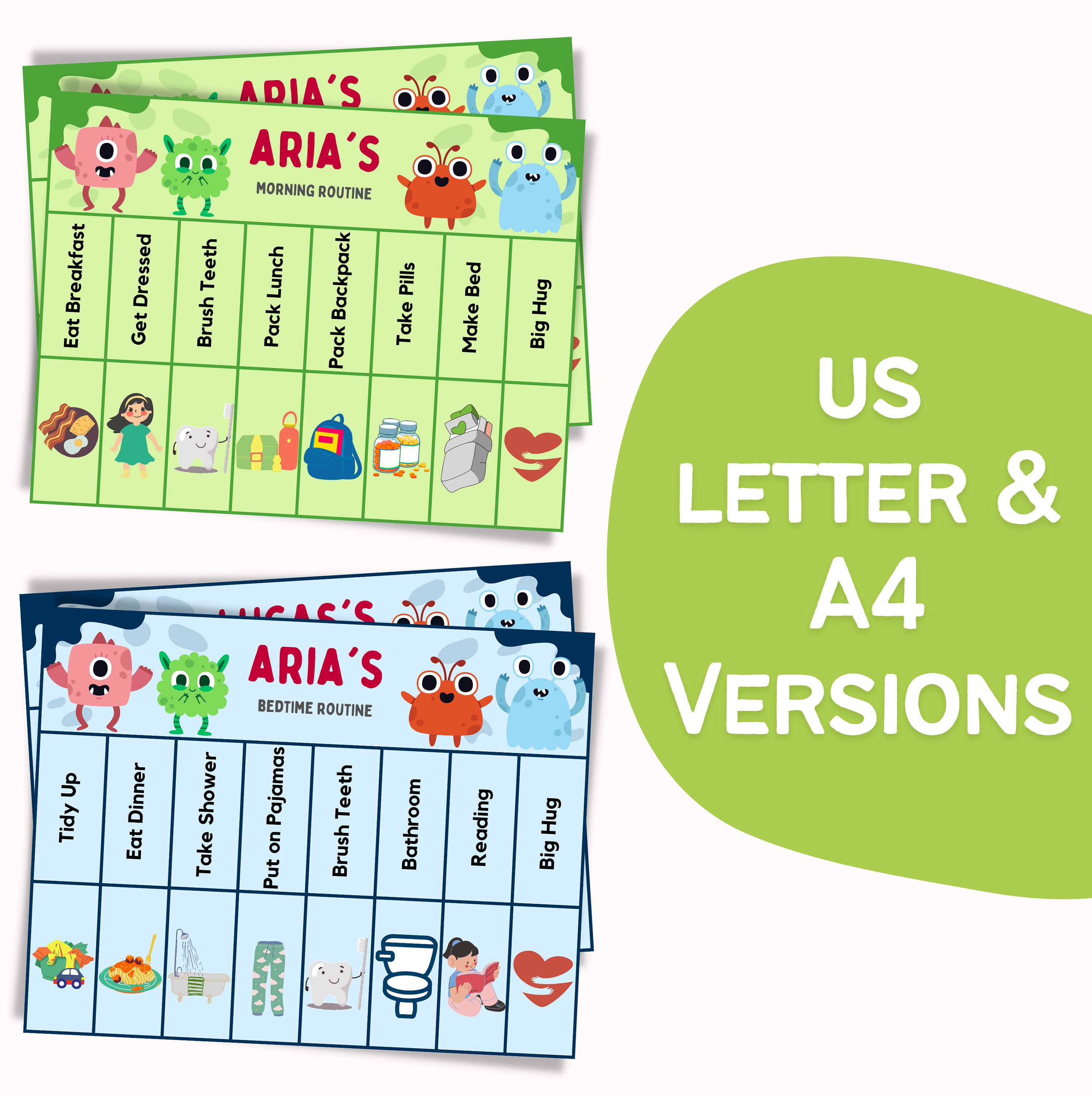 Interactive Morning & Bedtime Routine Chart Bundle Printable Cute ...