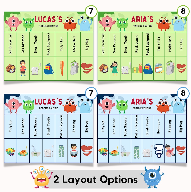 Monster Routine Chart Bundle: Morning & Bedtime, Editable Printable ...