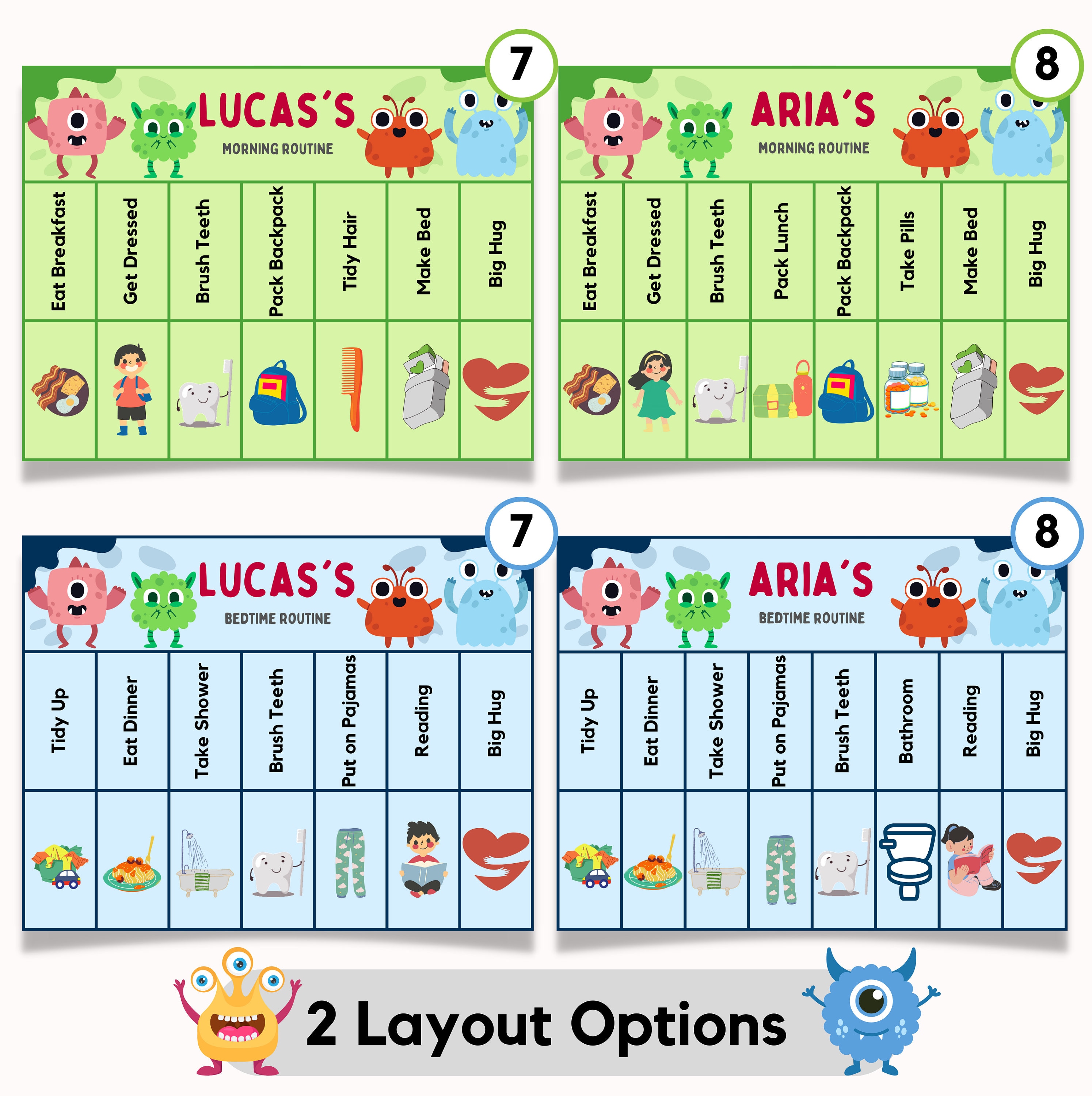 Interactive Morning & Bedtime Routine Chart Bundle Printable Cute ...
