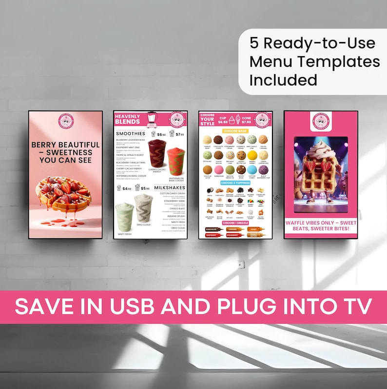 Ice Cream Shop Menu Board Bundle | Pink TV Screen Signage (digital ...