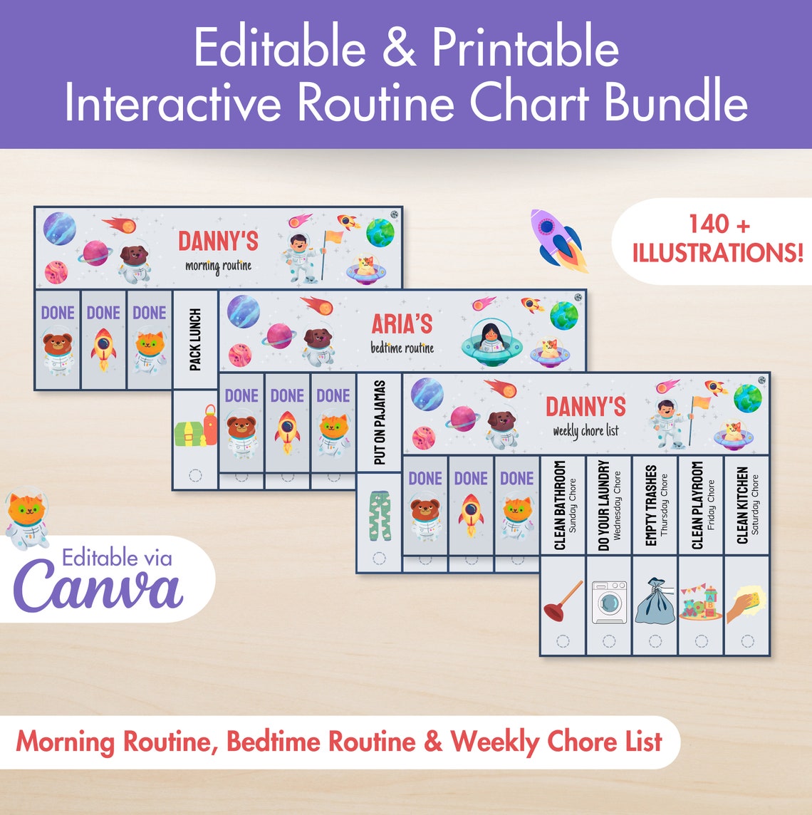 Kids Interactive Routine Chart Bundle Printable Space Themed Flip Chart ...