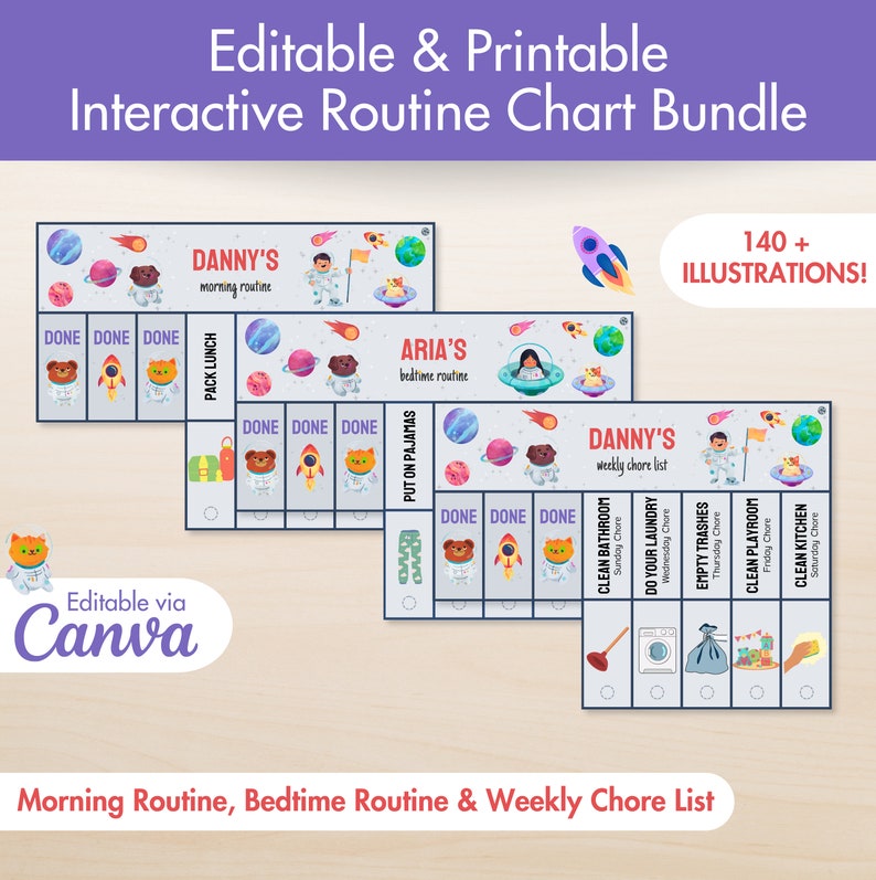 Kids Interactive Routine Chart Bundle Printable Space Themed Flip Chart ...