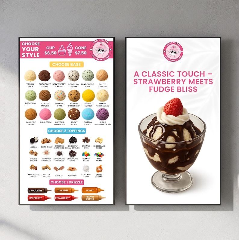 Ice Cream Shop Menu Board Bundle | Pink TV Screen Signage (digital ...