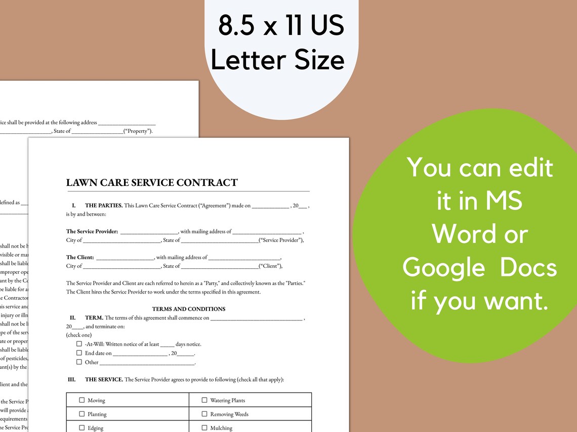 Editable Lawn Care Service Agreement Template (instant Download) - Etsy