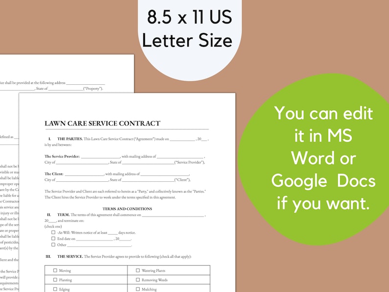 Editable Lawn Care Service Agreement Template (instant Download) - Etsy
