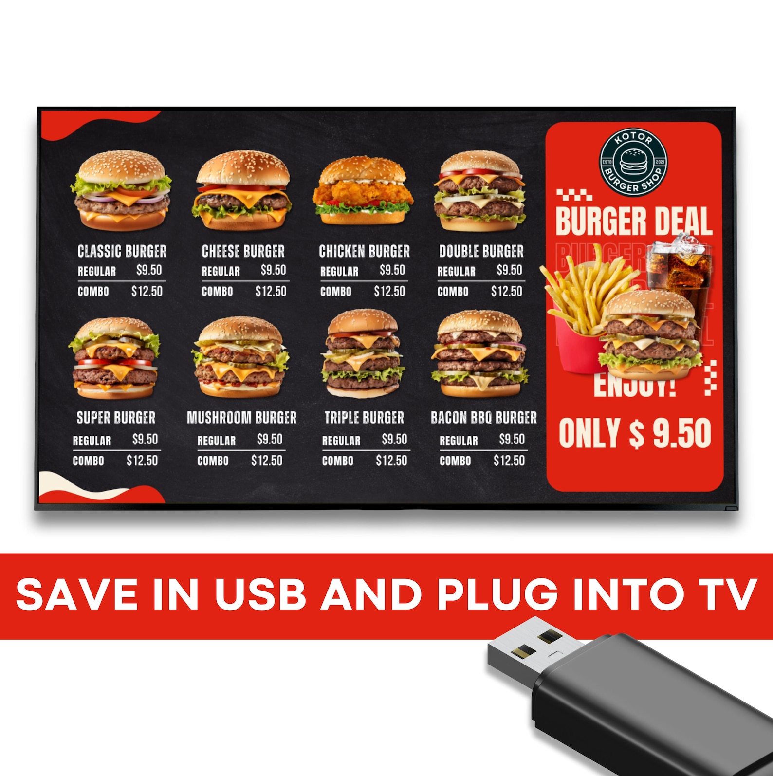 Digital Menu Board for Burger Shop | Fast Food Combo Meal Screen ...