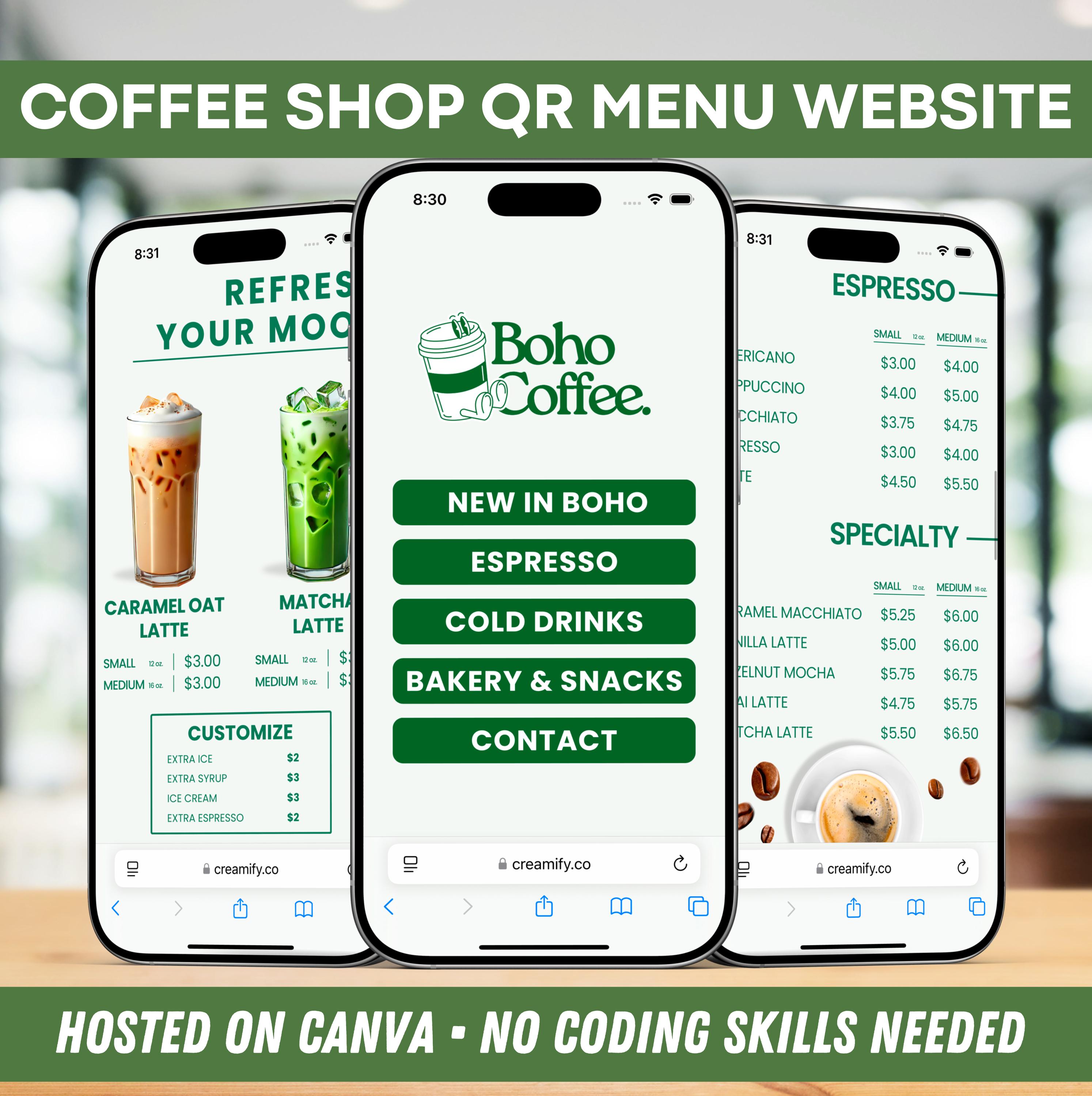 Customizable QR Code Coffee Shop Menu Website Template (canva) - Etsy