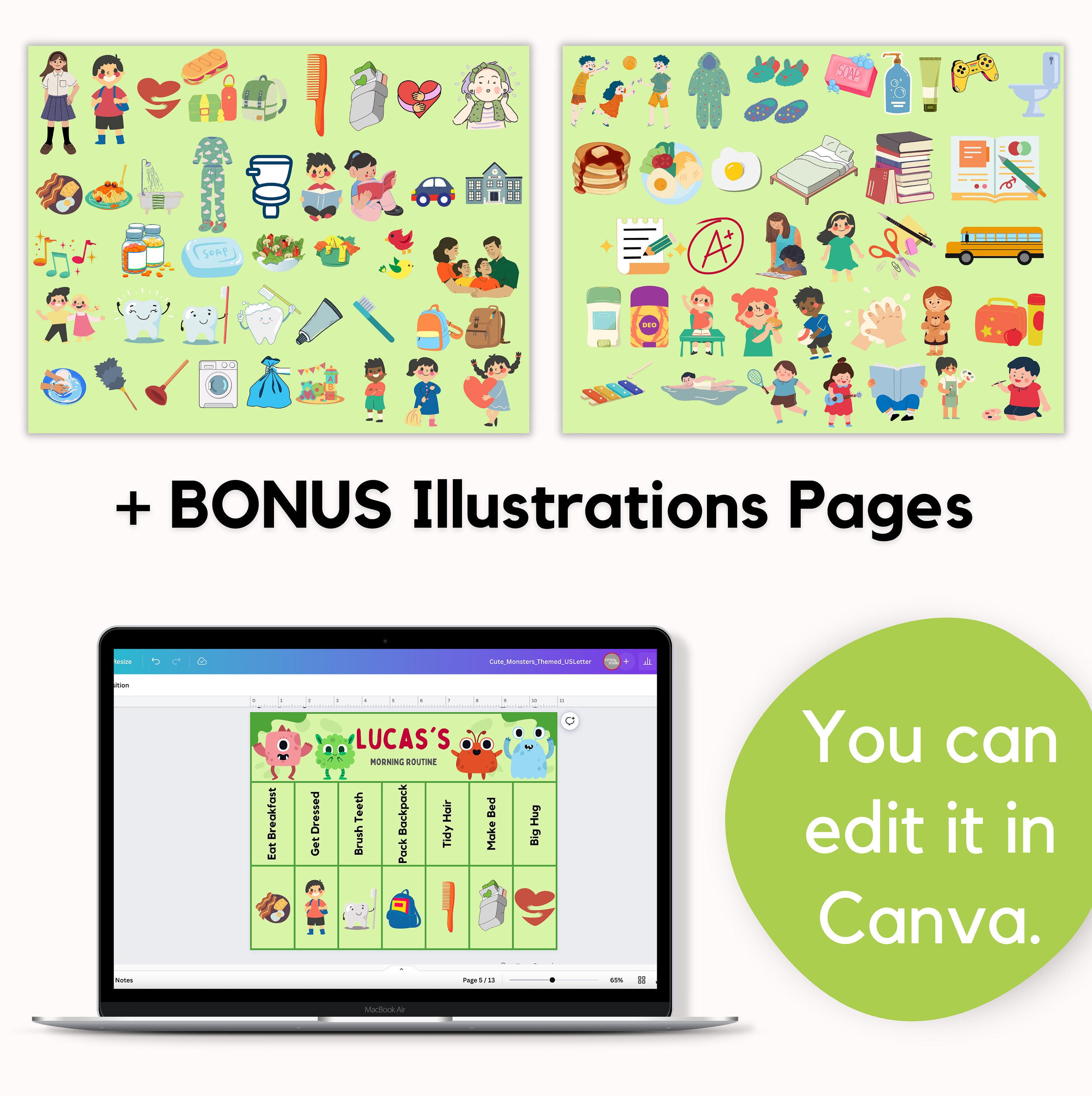 Interactive Morning & Bedtime Routine Chart Bundle Printable Cute ...