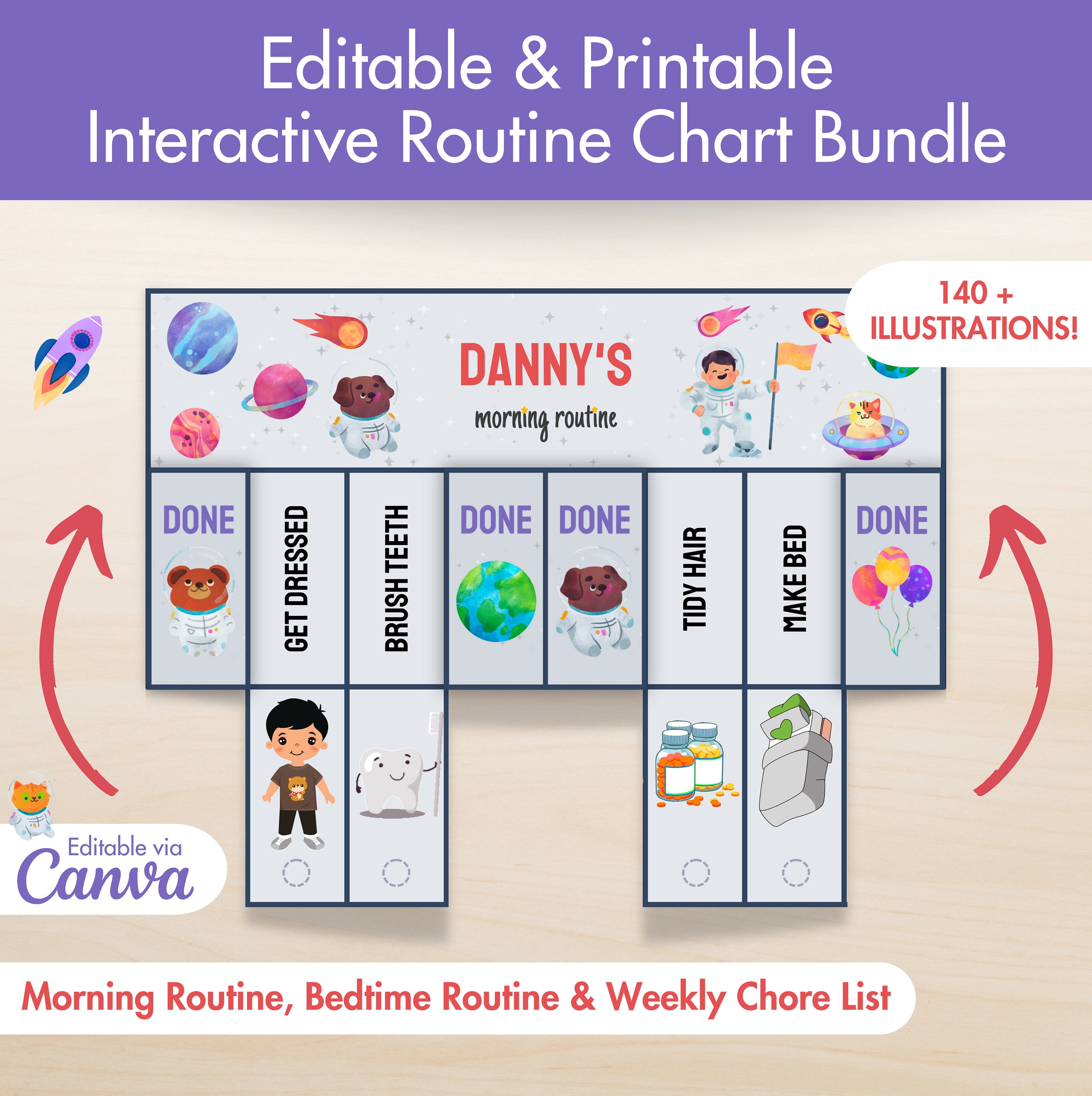 Kids Interactive Routine Chart Bundle Printable Space Themed Flip Chart ...