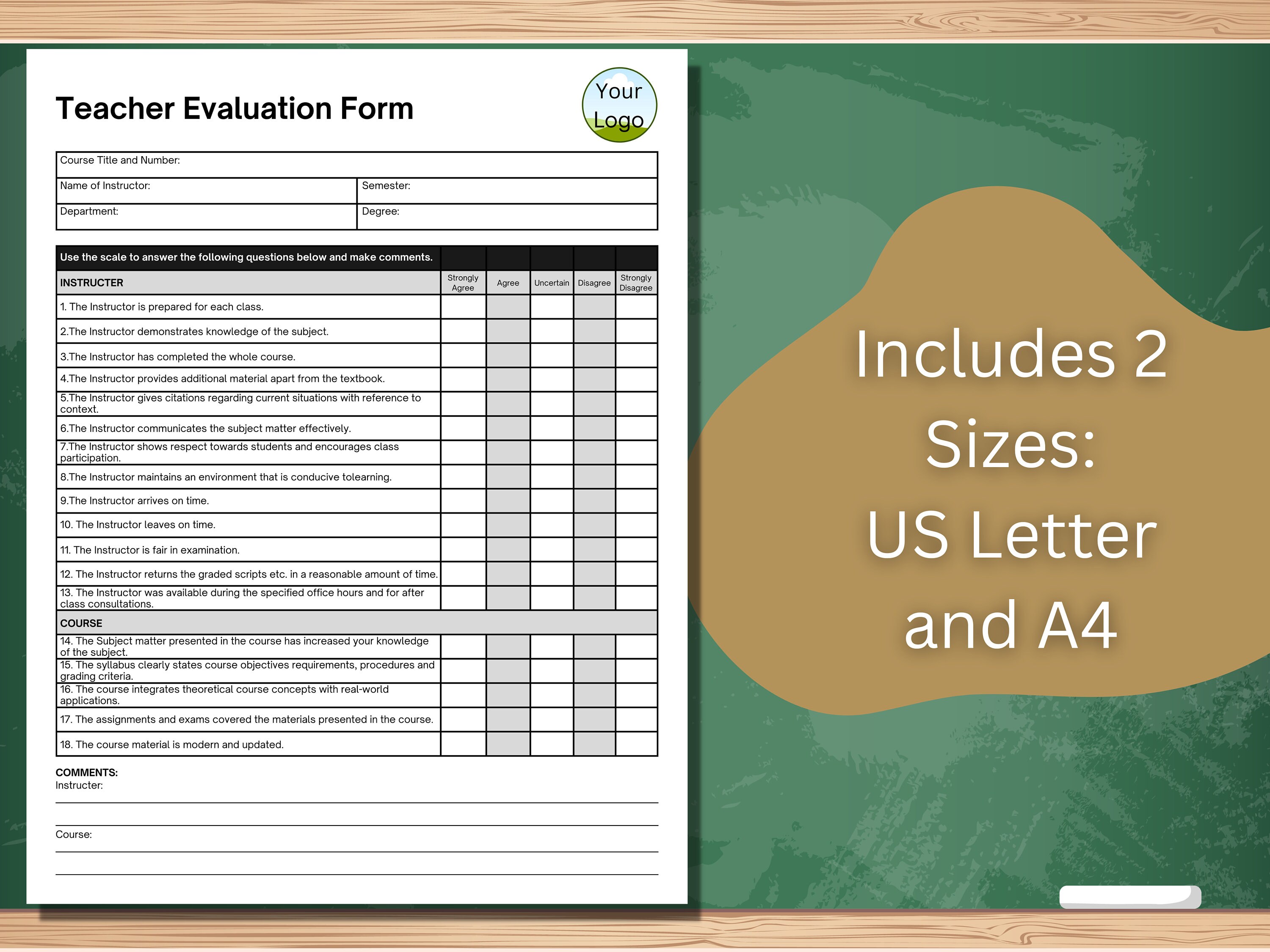 Teacher Evaluation Form • Performance Review • Printable PDF ...