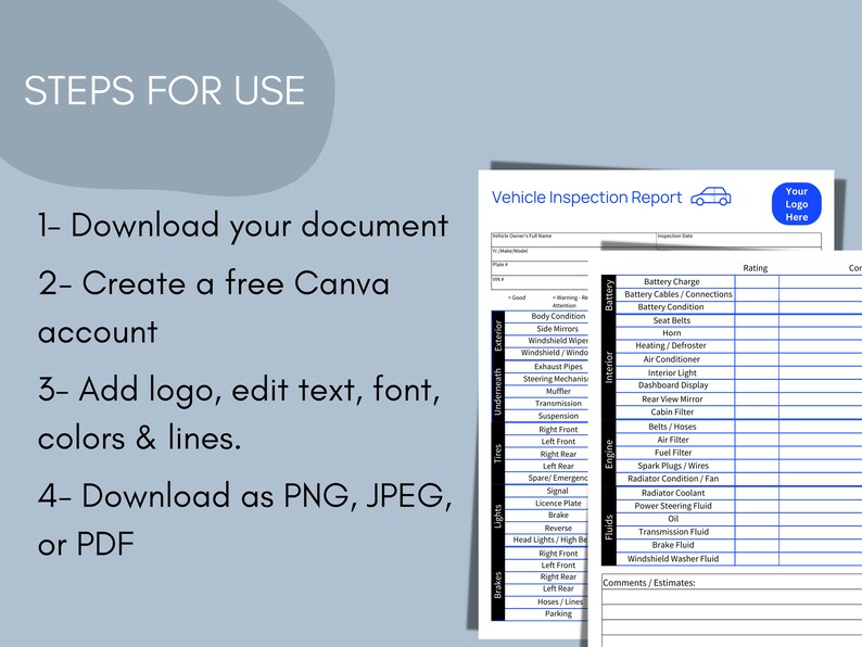 Vehicle Inspection Report Form Printable PDF Multi-point - Etsy