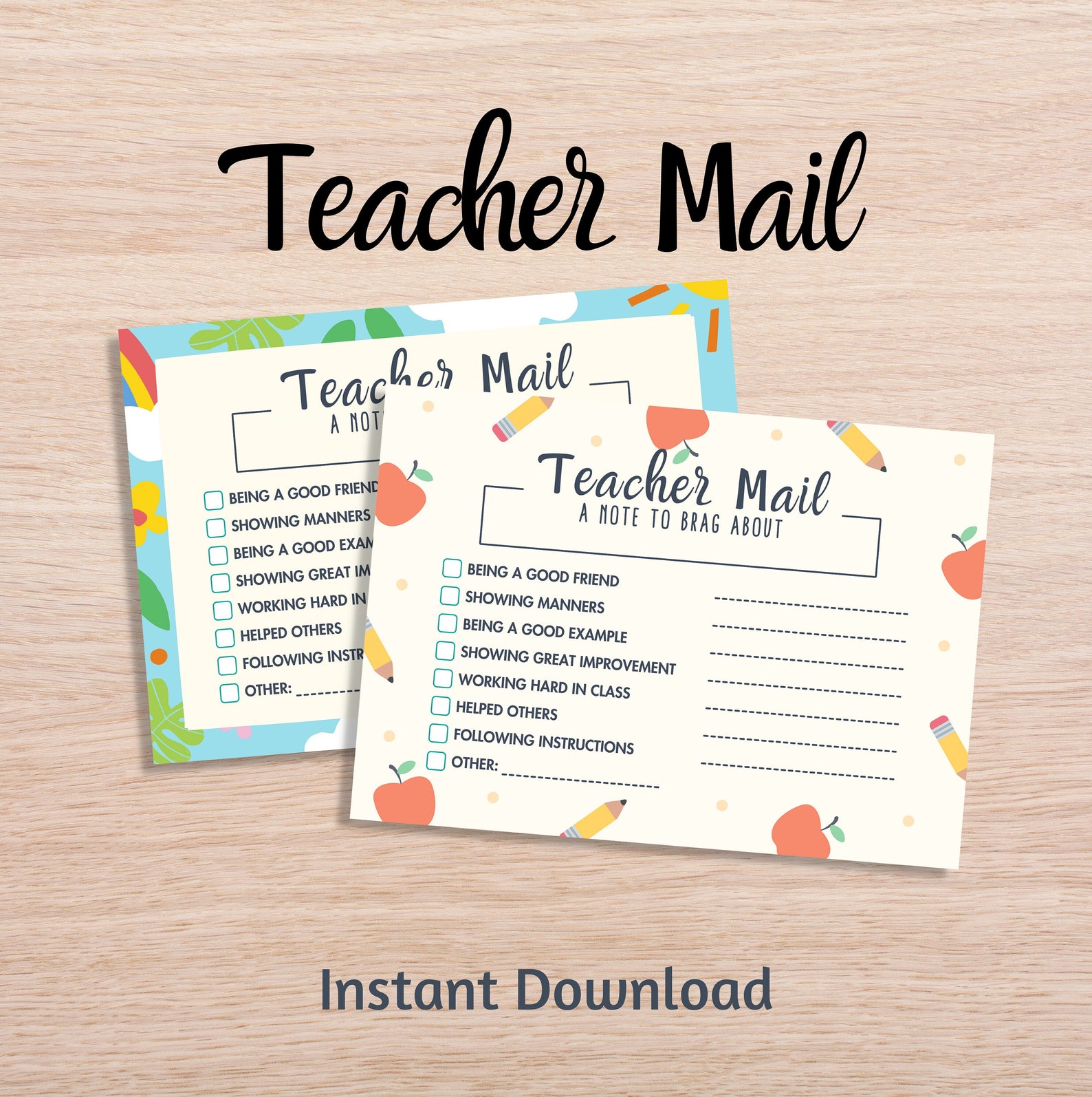 Printable Teacher Mail Cards: Apple & Pencil Design (instant Download ...