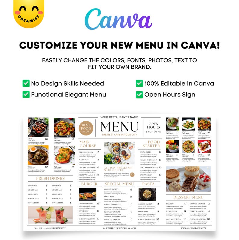 Elegant Restaurant Menu Template: Customizable Fine Dining Design (14x8 ...