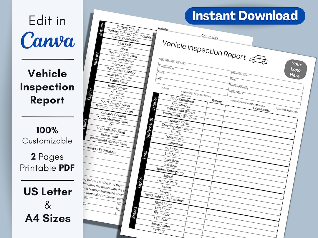 Vehicle Inspection Report Form: Printable Checklist (PDF Digital ...