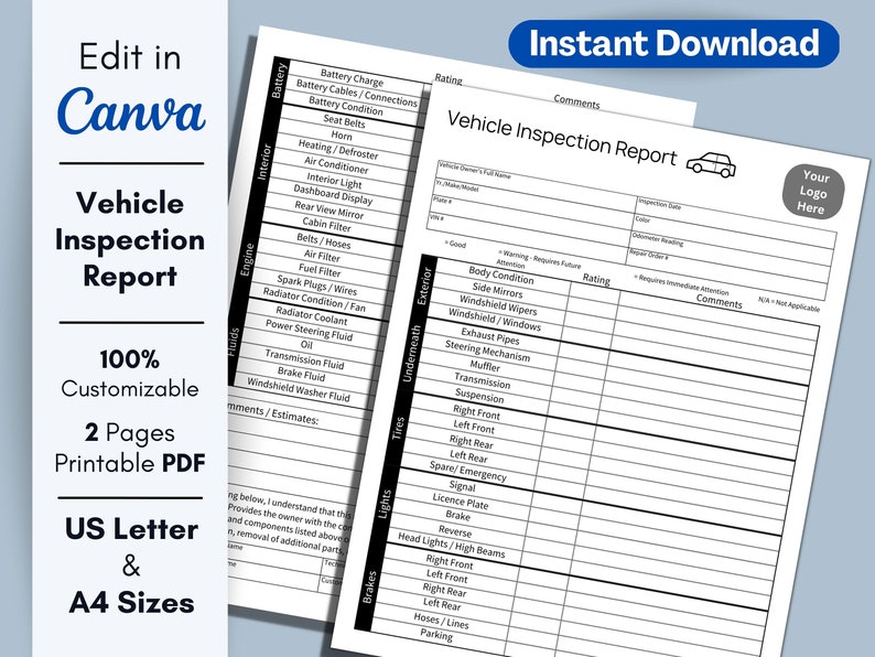 Vehicle Inspection Report Form: Printable Checklist (PDF Digital ...