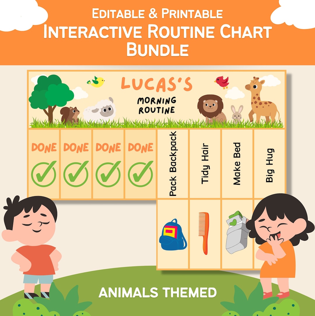 Kids & Toddlers Interactive Routine Chart • Printable Animals Themed ...