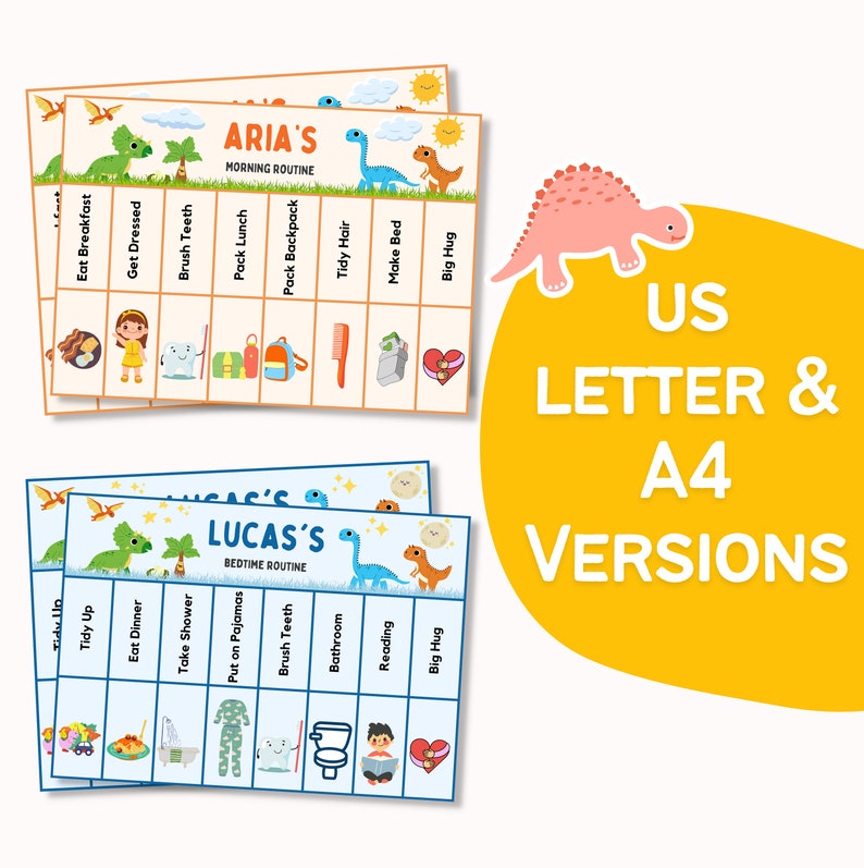 Dinosaur Routine Chart: Customizable Kids Morning & Bedtime (printable ...
