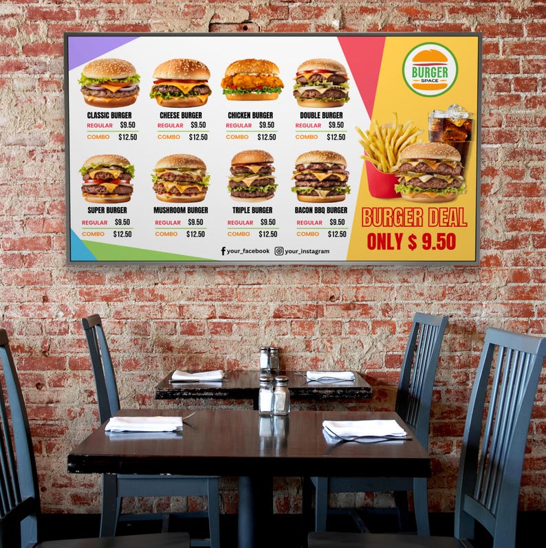 Animated 4K Burger Restaurant TV Menu Board: Editable Canva Design - Etsy