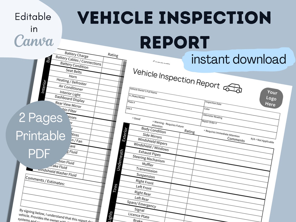 Vehicle Inspection Report Form Printable PDF Multi-point - Etsy UK