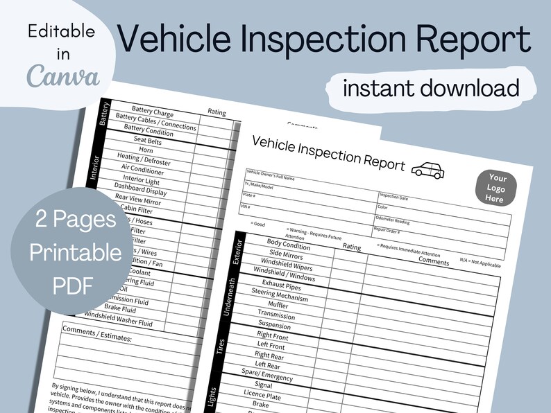 Vehicle Inspection Report Form Printable PDF Multi-point - Etsy