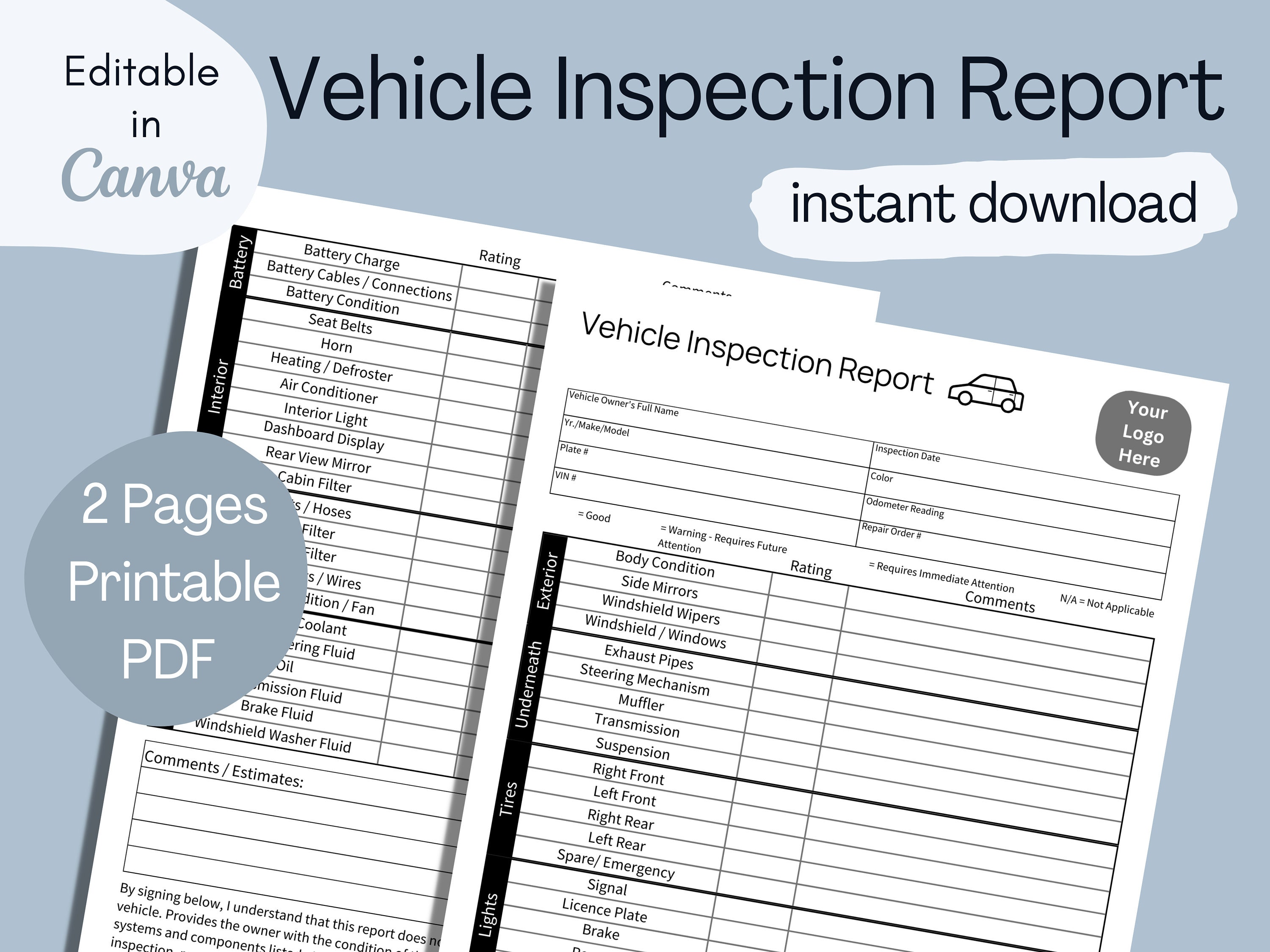 Vehicle Inspection Report Form Printable PDF Multi-point - Etsy Australia