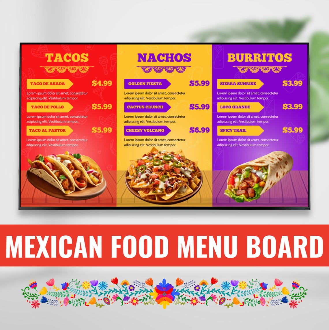 Mexican Restaurant Menu Board Template: Animated TV Screen (digital ...