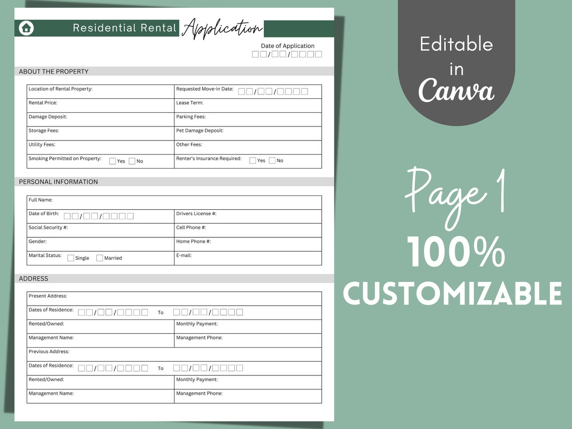 Editable Residential Rental Application Form Template - Etsy