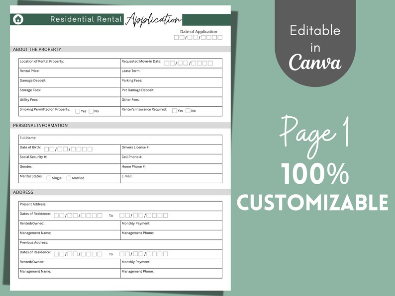 Editable Residential Rental Application Form Template • Printable PDF ...