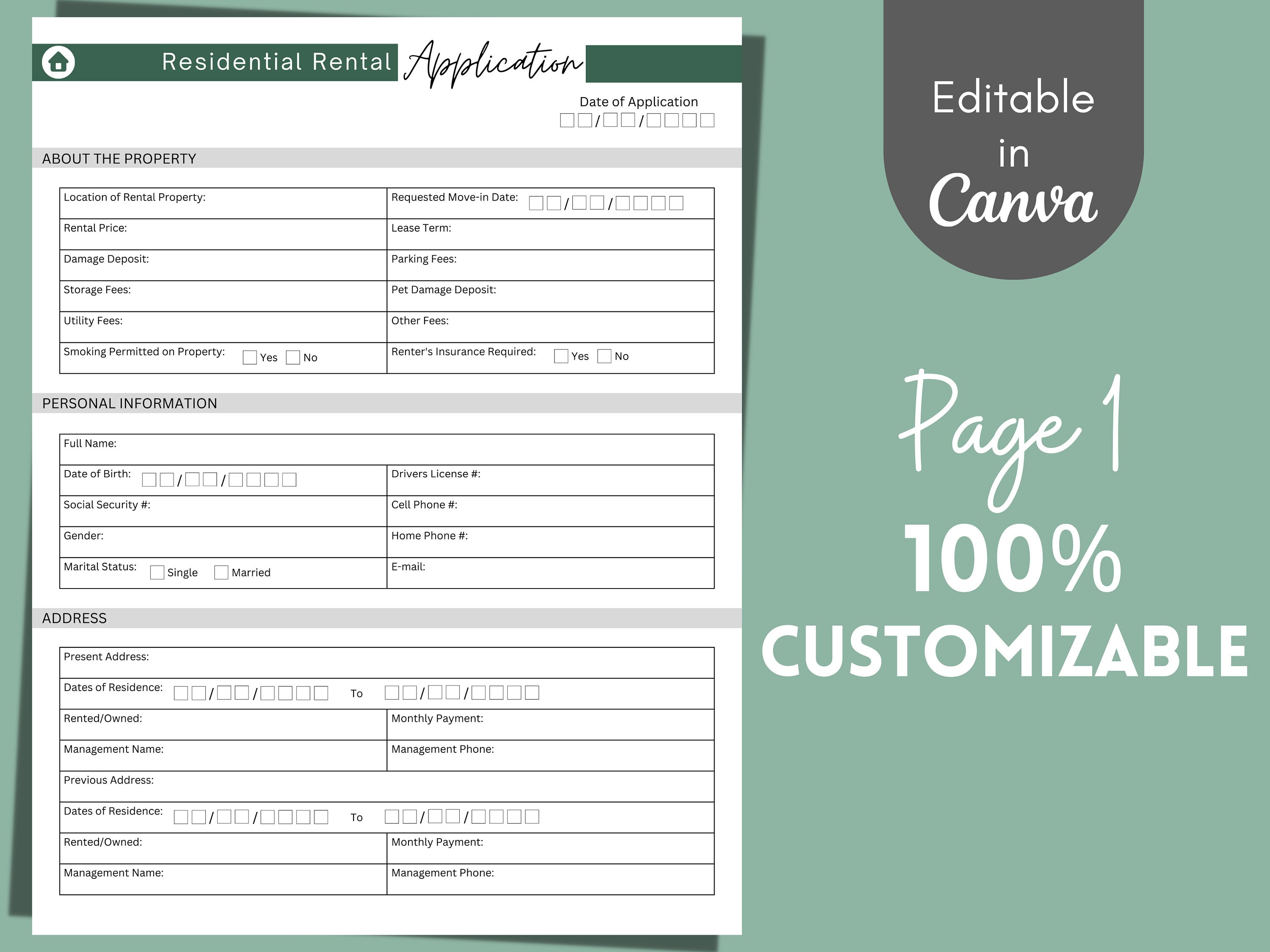 Editable Residential Rental Application Form Template • Printable PDF ...