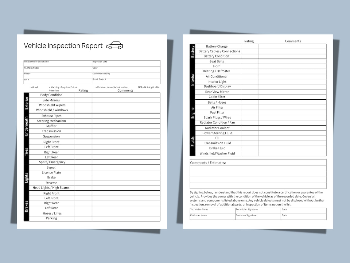 Vehicle Inspection Report Form Printable PDF Multi-point - Etsy Australia