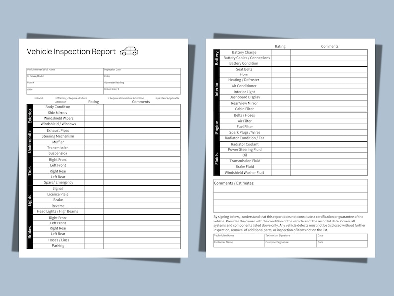 Vehicle Inspection Report Form Printable PDF Multi-point - Etsy