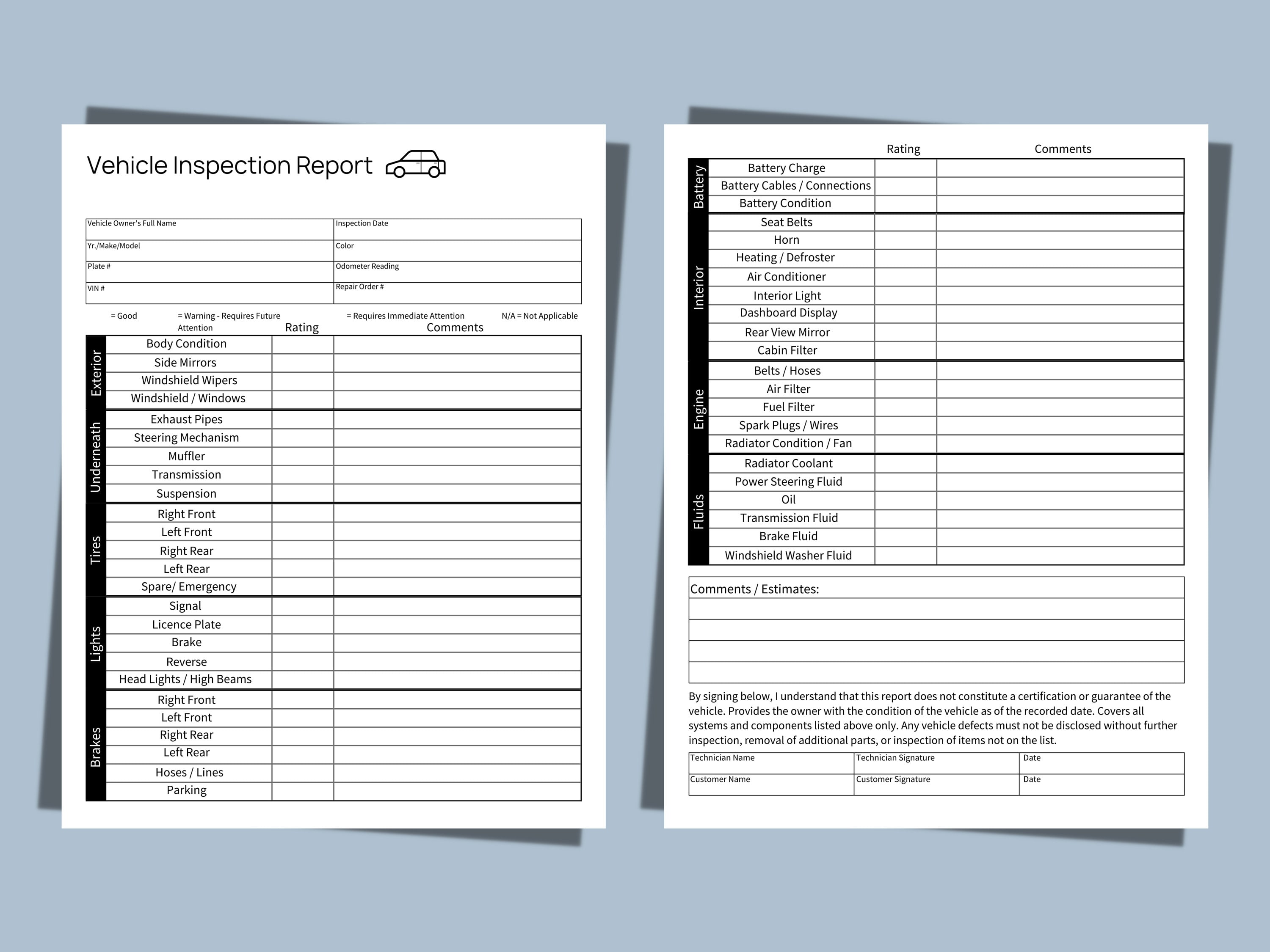 Vehicle Inspection Report Form Printable PDF Multi-point - Etsy UK