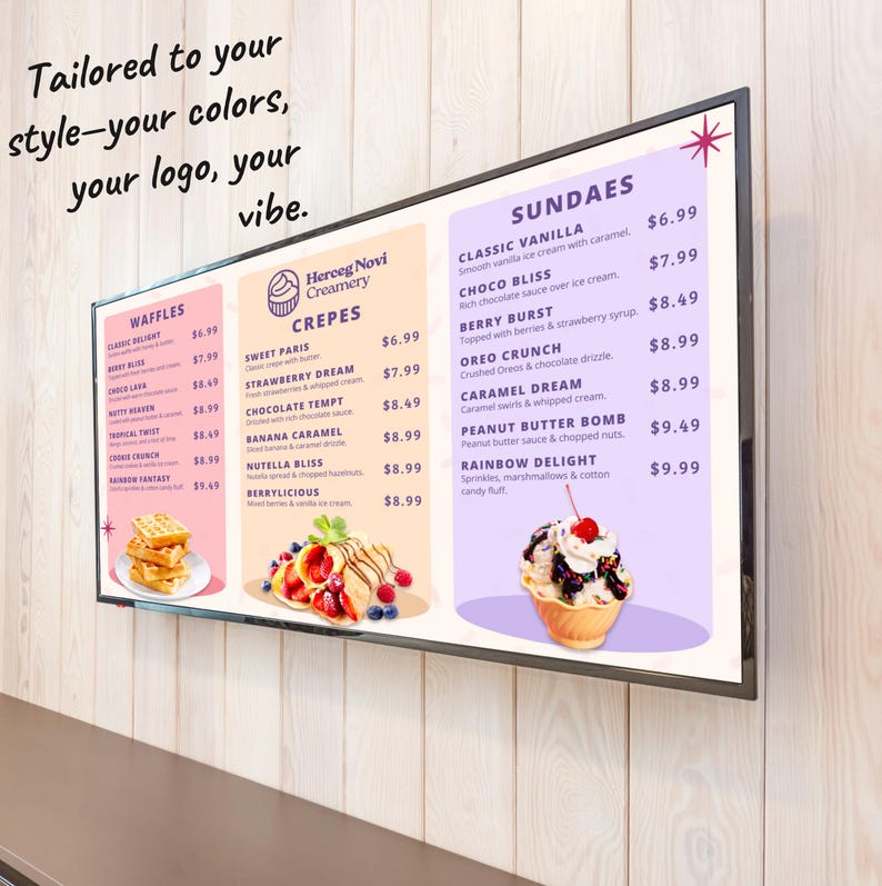 Pink Dessert Menu Board for Ice Cream & Waffle Shop | Digital TV Screen ...