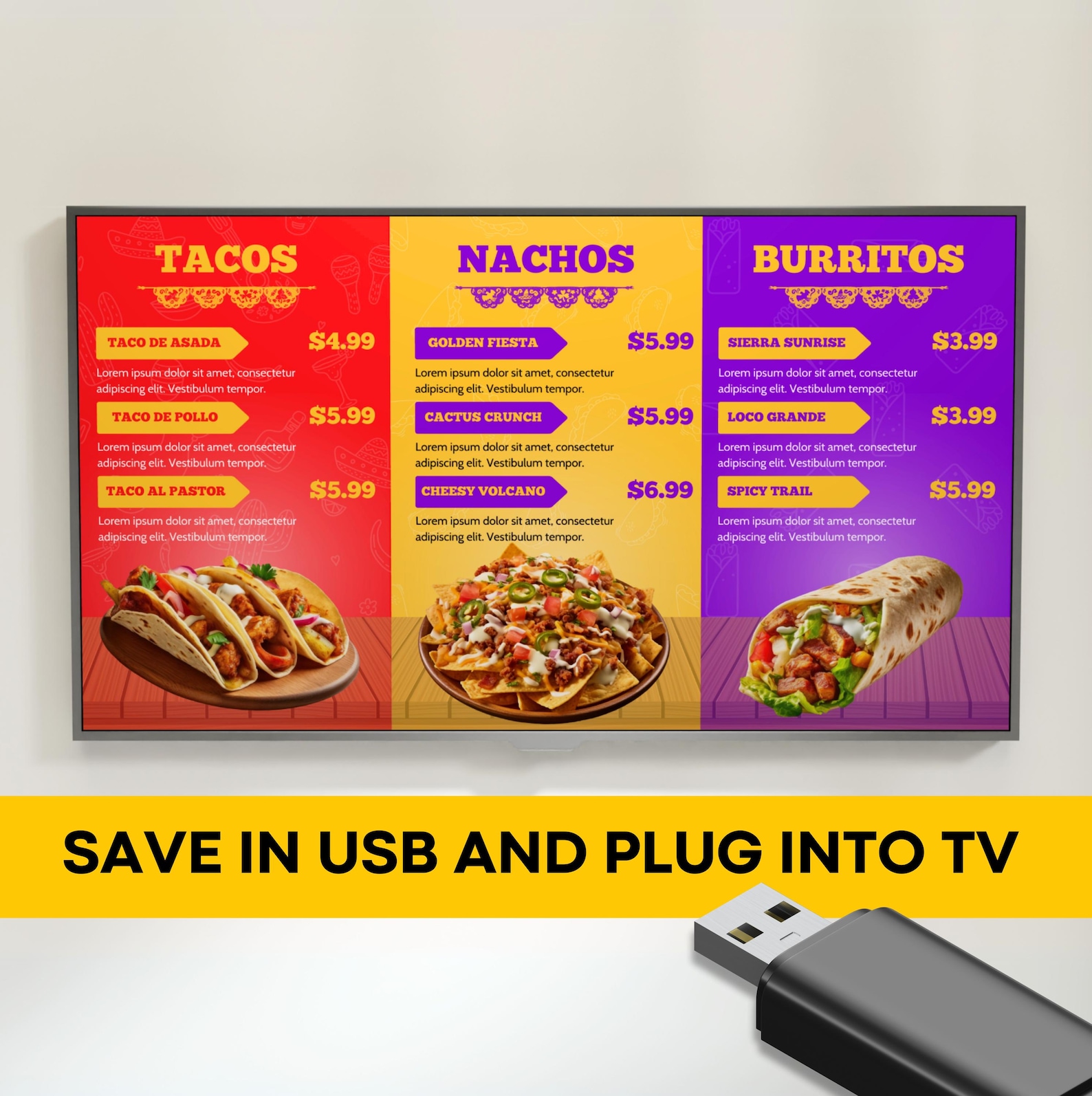 Mexican Restaurant Menu Board Template: Animated TV Screen (digital ...