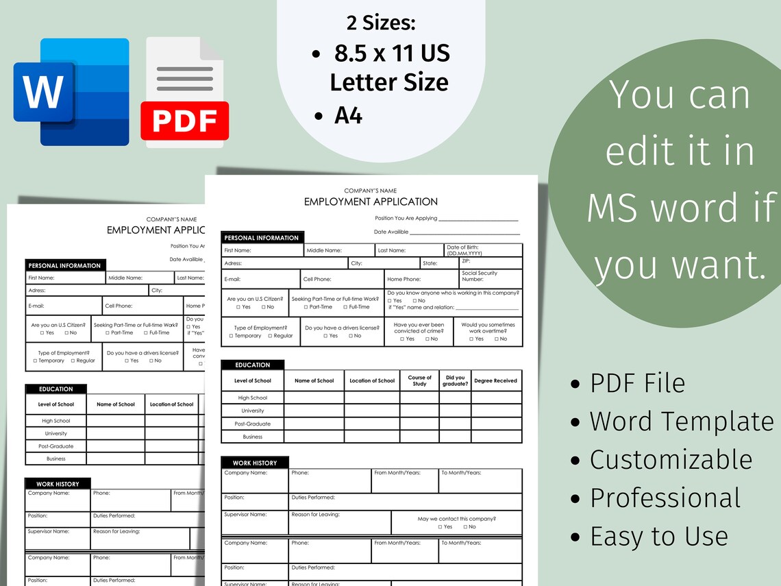 Editable Employment Application Form Template Job Application Form ...