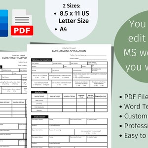 Editable Employment Application Form: Printable PDF & MS Word Template ...