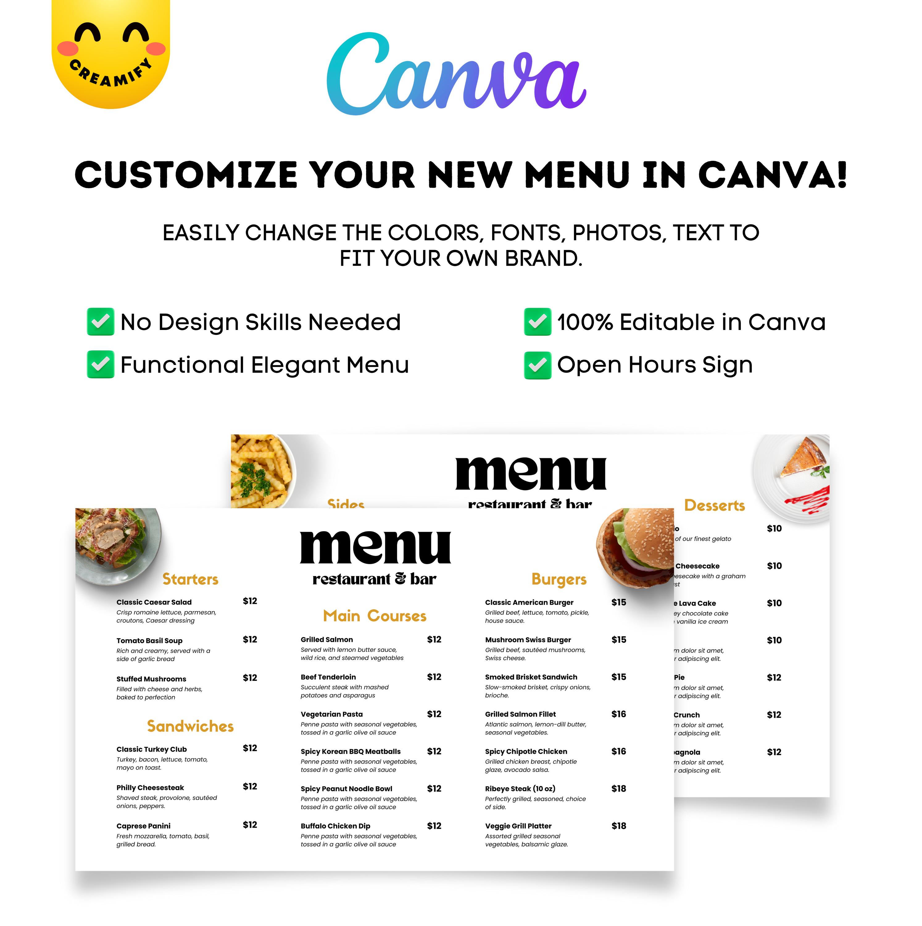 Editable Restaurant Menu Template: Bar, Cafe, Food (canva Digital ...