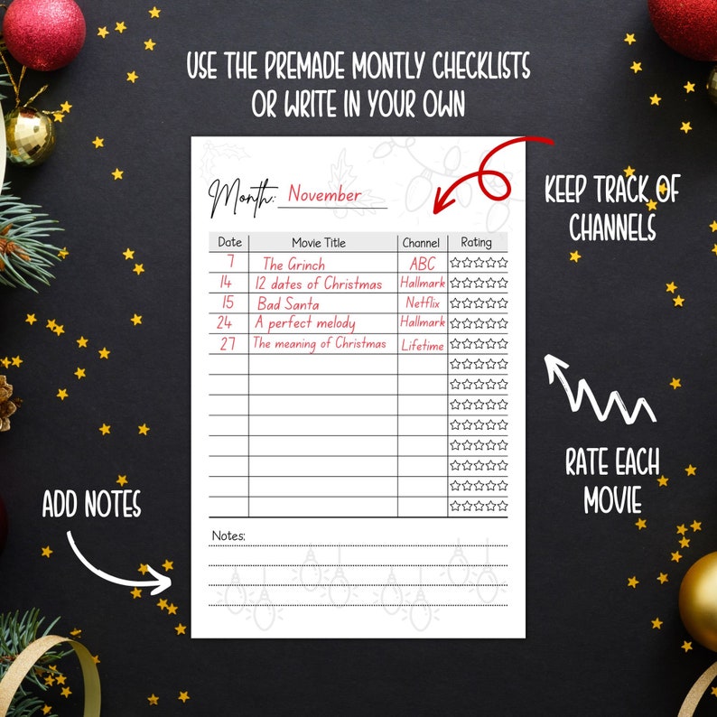 Christmas Movie Tracker Printable Holiday Movie Log Book Undated ...