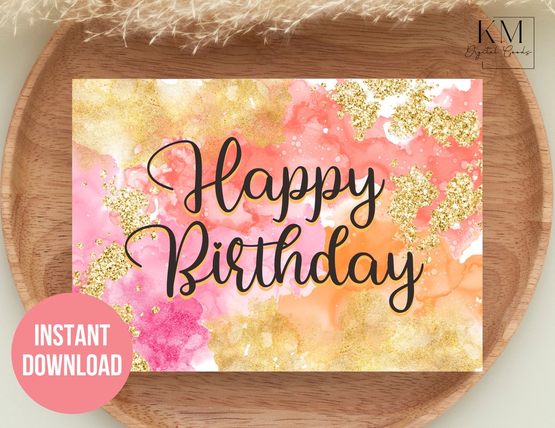 Printable Birthday Card: Pink & Gold Glitter (5x7 PDF, JPEG) - Etsy