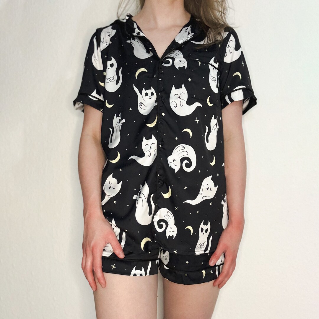 Goth Ghost Cat Imitation Silk Pajama Set Gothic Cat Imitation Silk ...