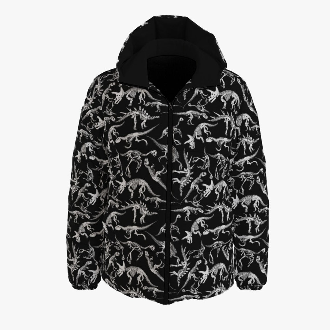 Dino Goth Hooded Puffer Coat Dinosaur Skeleton Gothic Unisex Down ...