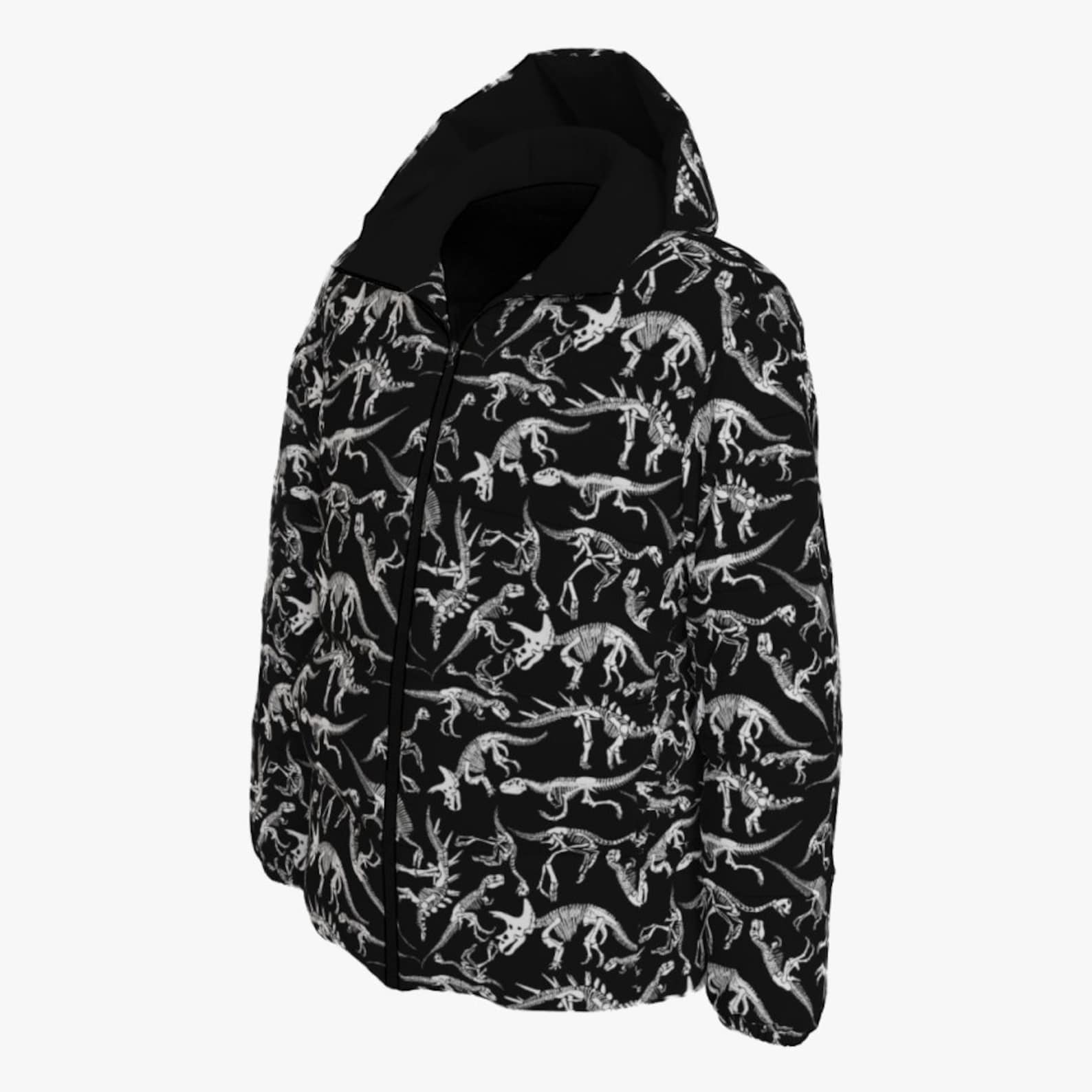 Dino Goth Hooded Puffer Coat Dinosaur Skeleton Gothic Unisex Down ...