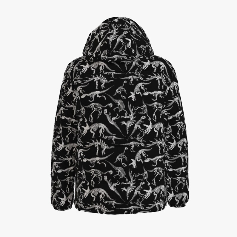 Dino Goth Hooded Puffer Coat Dinosaur Skeleton Gothic Unisex Down ...