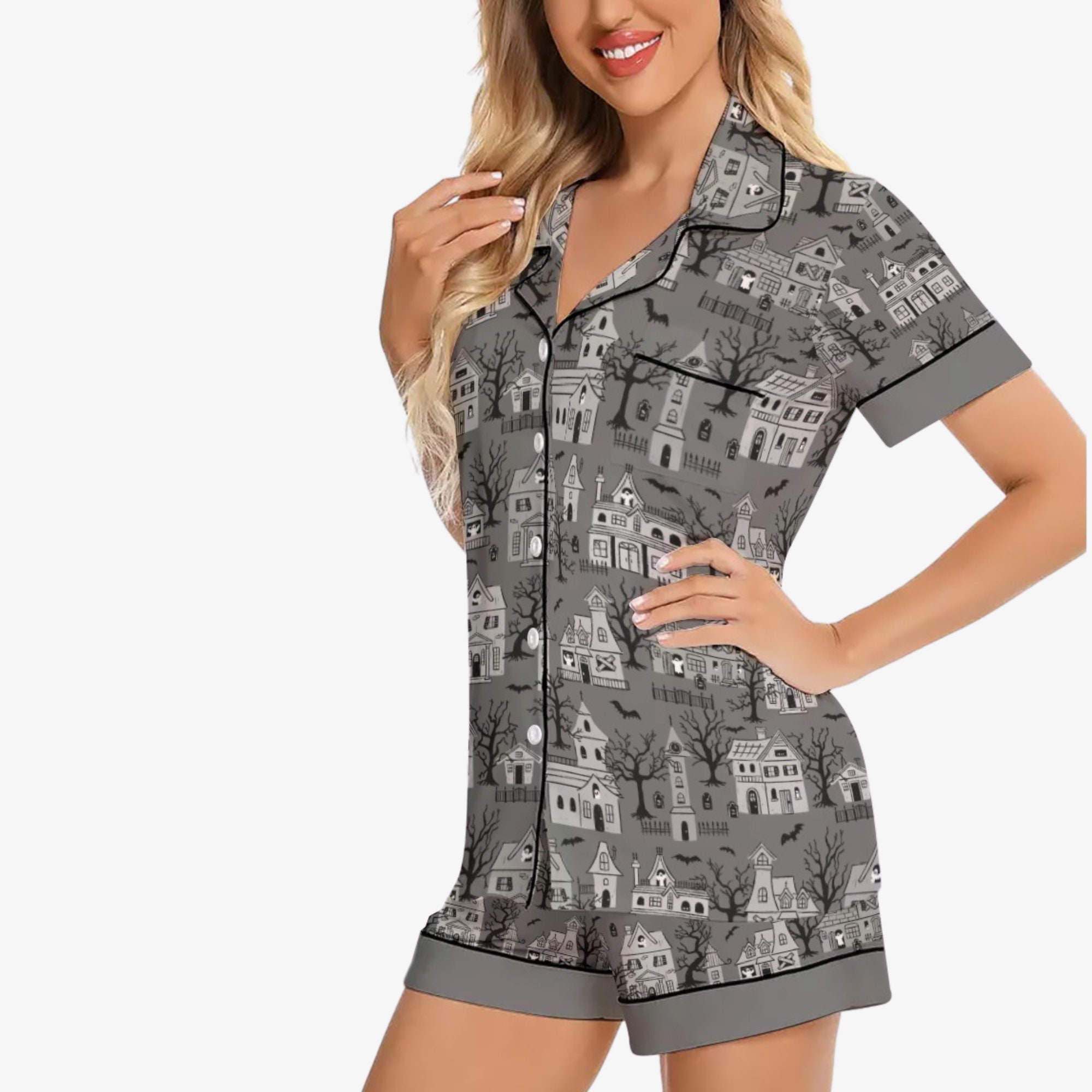 Buy Goth Haunted House Imitation Silk Pajama Set Gothic Spooky House ...