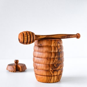 Olive Wood Honey Jar(4") With Honey Dipper(5.8"), Wooden Honey Pot With ...